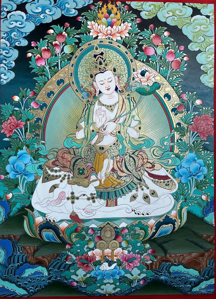 唐卡寄卖编号：JM·188-351128-普贤菩萨吉祥贡平安莲大德供养图（彩唐） | 沃唐卡www.WoTangKa.com