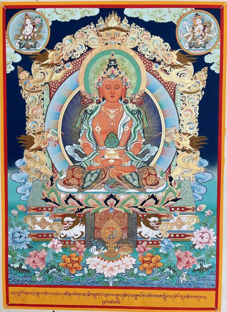 唐卡寄卖编号：JM·188-798463-长寿佛金龙亚檀宝座长寿三尊吉祥法相供养图（彩唐） | 沃唐卡www.WoTangKa.com