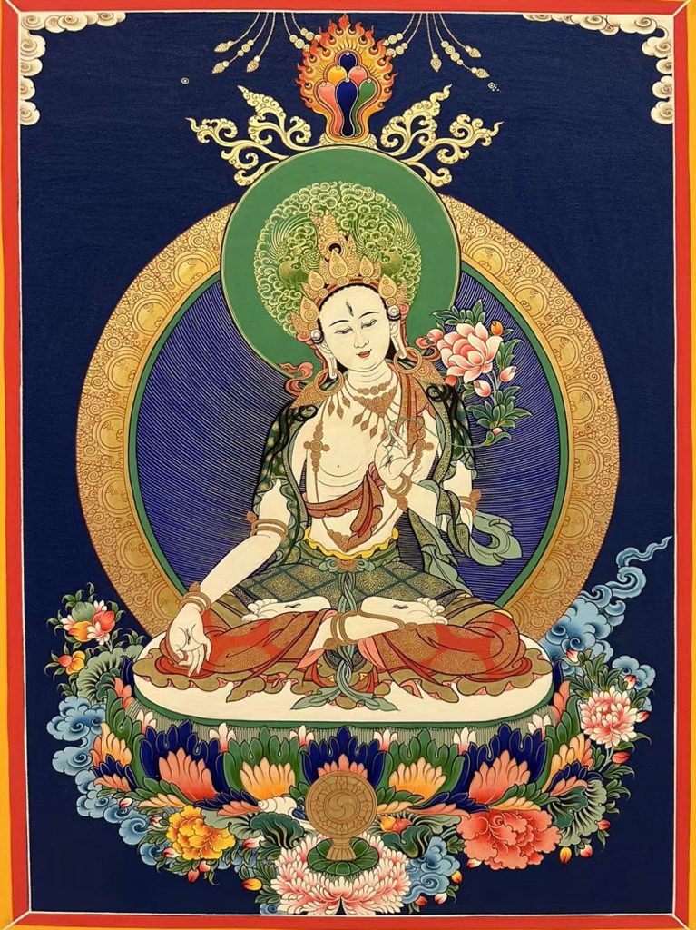 唐卡寄卖编号：JM·188-209237-白度母五色莲台摩尼宝如意供养图（彩唐） | 沃唐卡www.WoTangKa.com