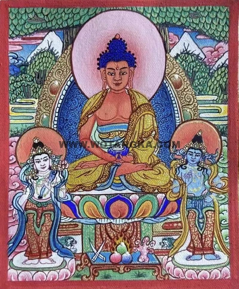 编号118-8593371：彩绘小唐卡-阿弥陀佛·西方三圣（长方形·7*5CM左右） | 沃唐卡www.WoTangKa.com