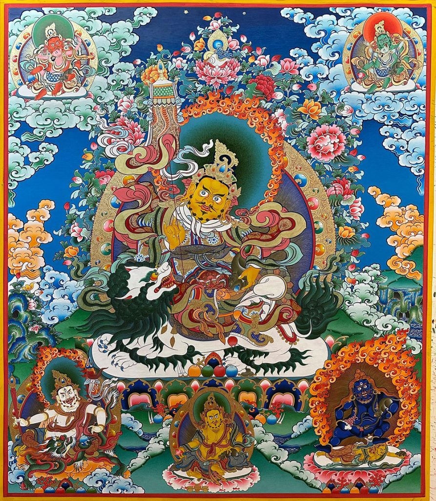 唐卡寄卖编号：JM·189-513248-财宝天王五色财神众富贵花纹吉祥财富供养图（彩唐） | 沃唐卡www.WoTangKa.com